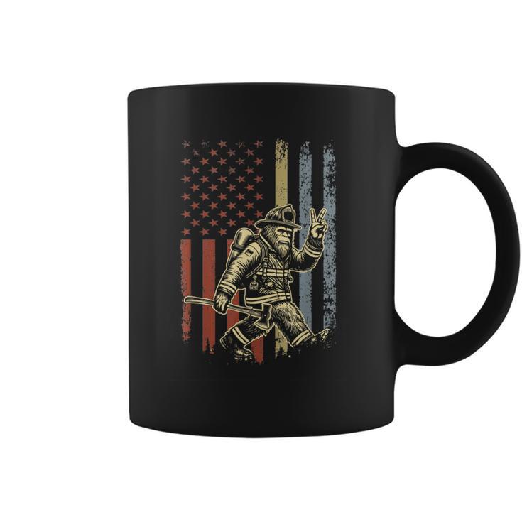 Retro American Flag Bigfoot Firefighter Sasquatch Fireman Coffee Mug ...