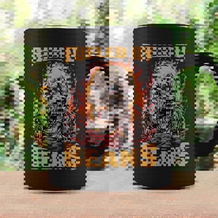 Fueled By Beans Brainrot Cringe Skeleton Meme Flames Coffee Mug - Monsterry