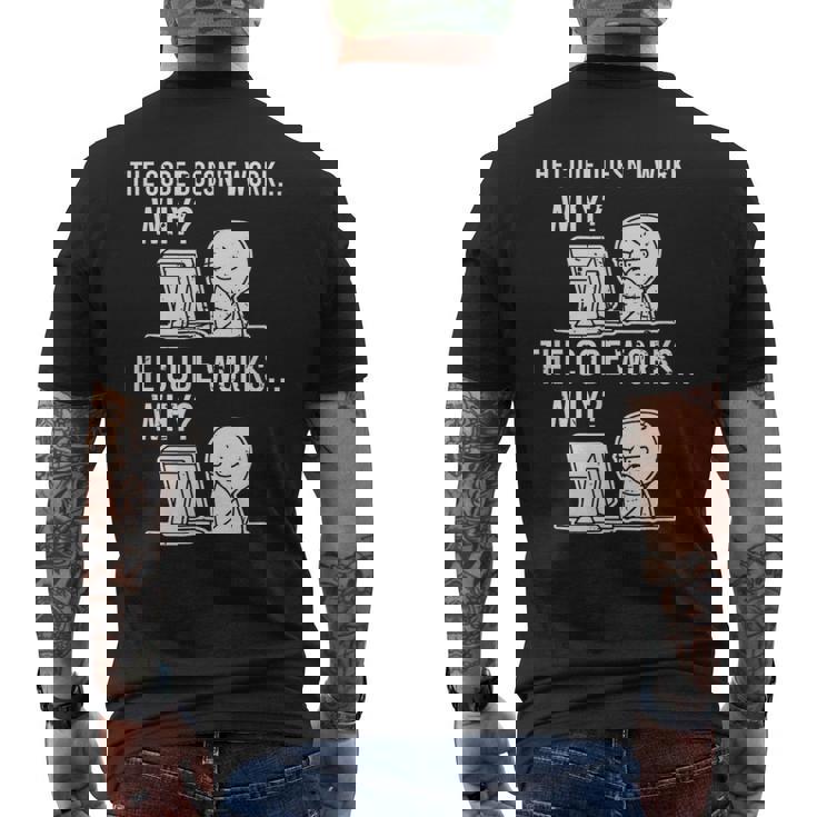 Code Works Why Meme Programmer T-Shirt Men's Back Print T-Shirt - Monsterry