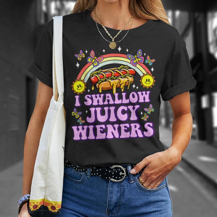 I Swallow Juicy Wiener Inappropriate Adult Humor Women T-Shirt | Mazezy