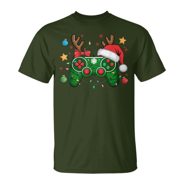 Video Game Controller Christmas Santa Hat Gamer Boys T-Shirt | Mazezy
