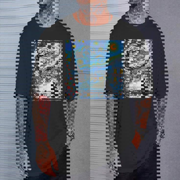 Van Gogh's Starry Night Santa Sleigh Cat Christmas Village T-Shirt ...