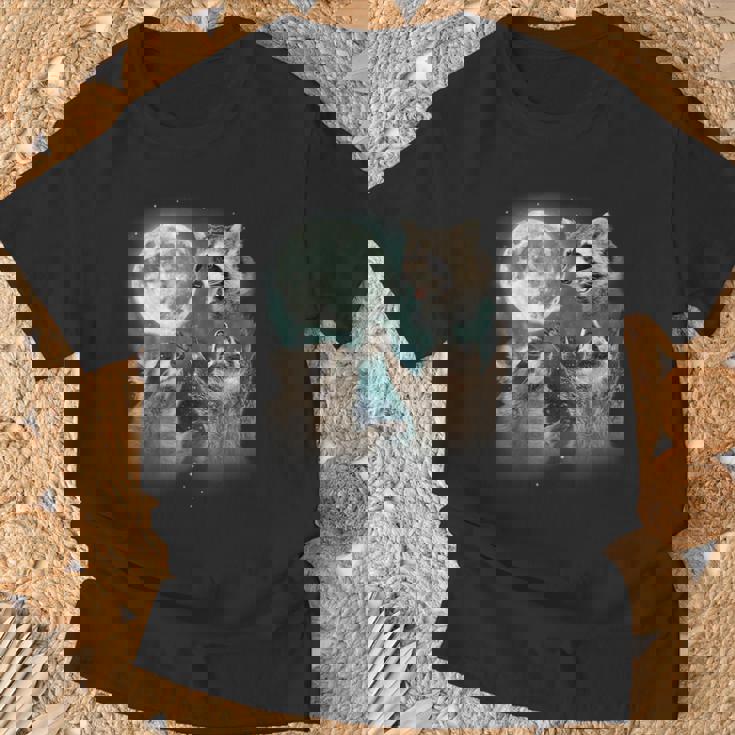 Three Raccoons Howling At Moon Weird Cursed Meme T-Shirt - Thegiftio UK
